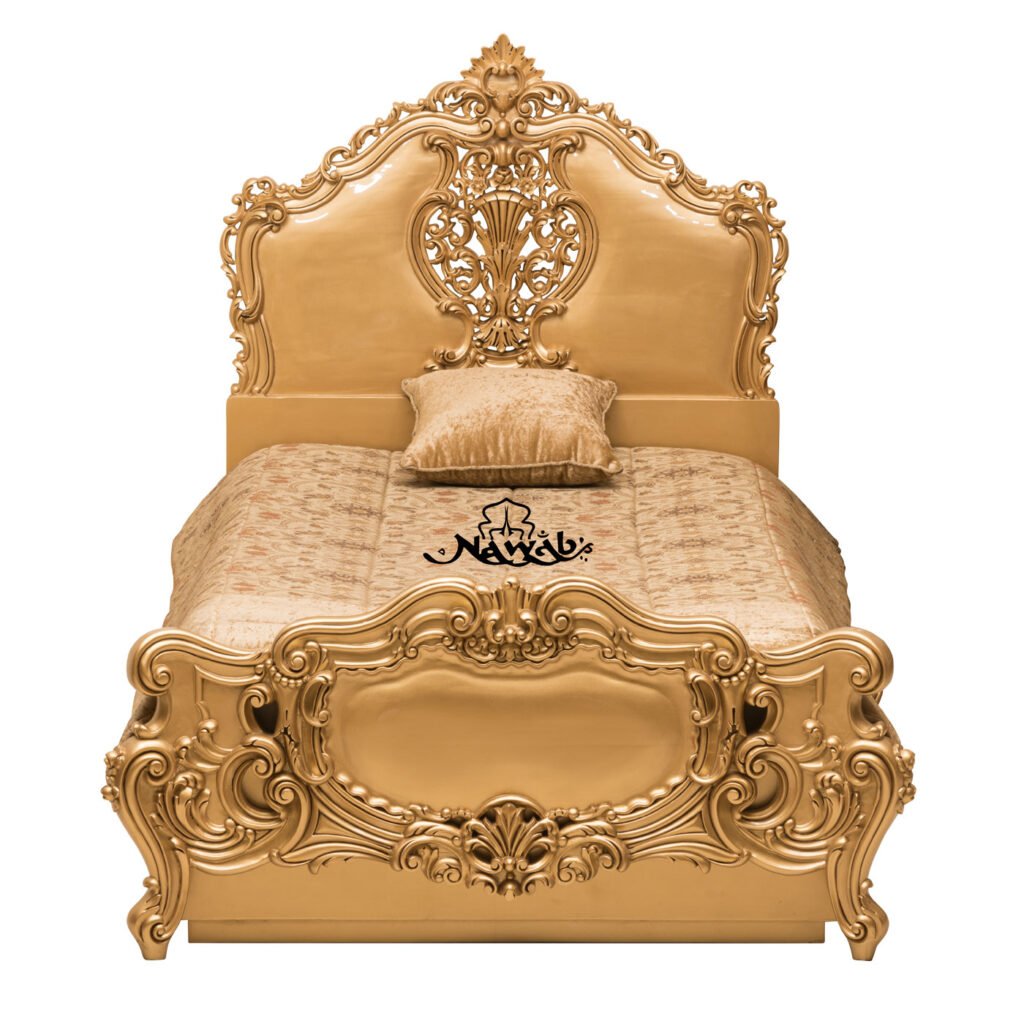 Single golden pu polish solid wooden teak with carving - Nawab Furniture