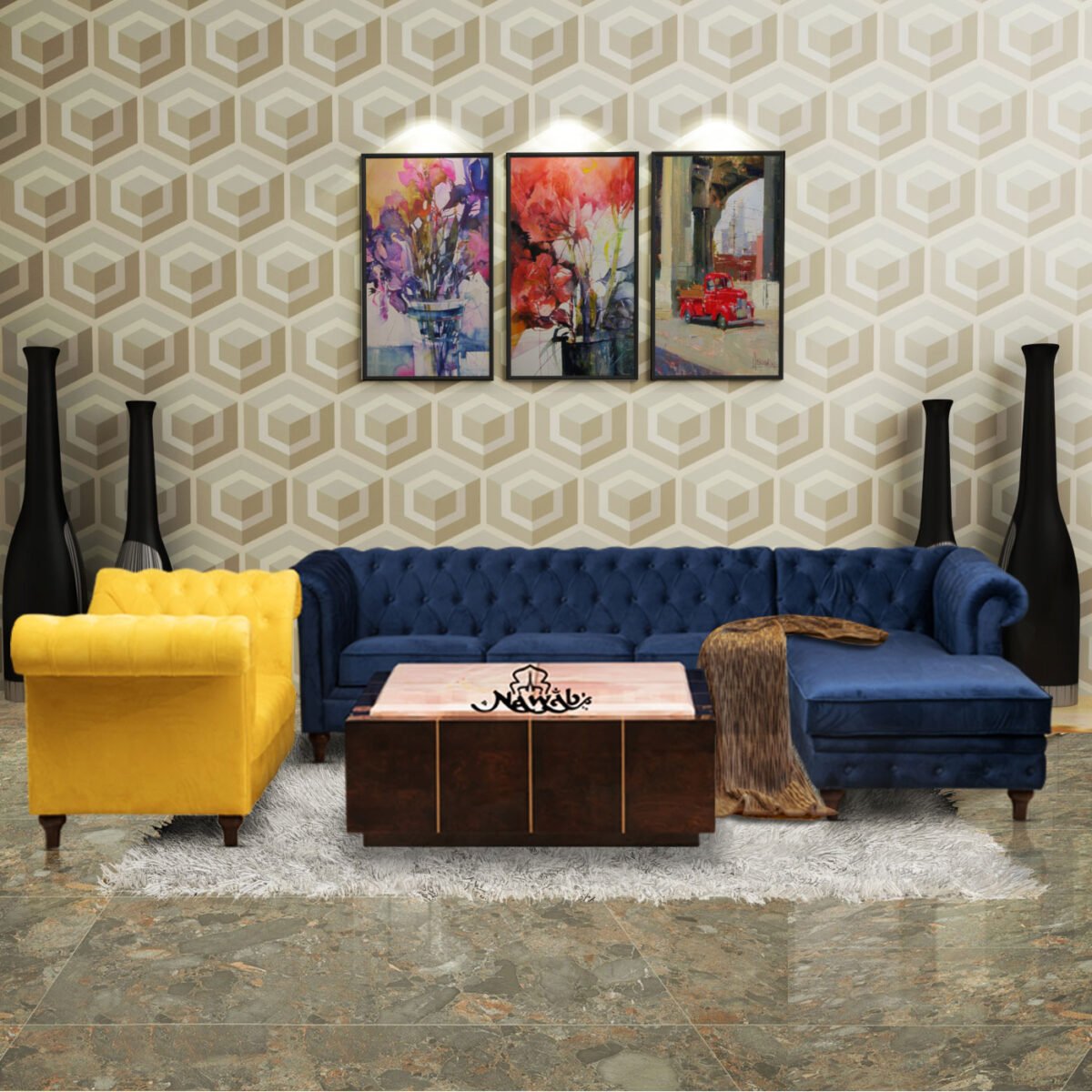 1 Seater Teak wood hand carved sofa blue white pearl polish with golden ...