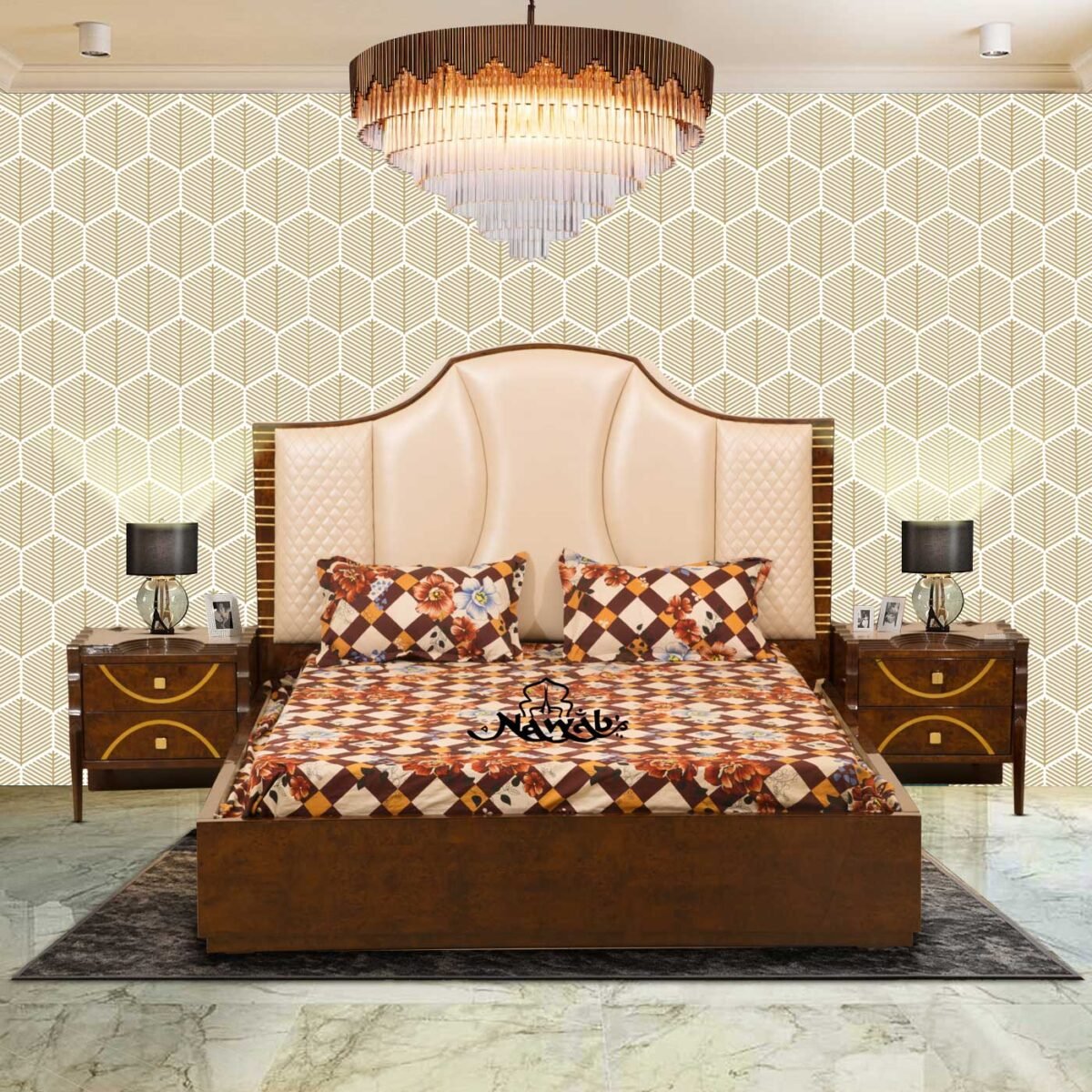 Solid teak wood customised carving walnut shaded pu polish jacquart ...