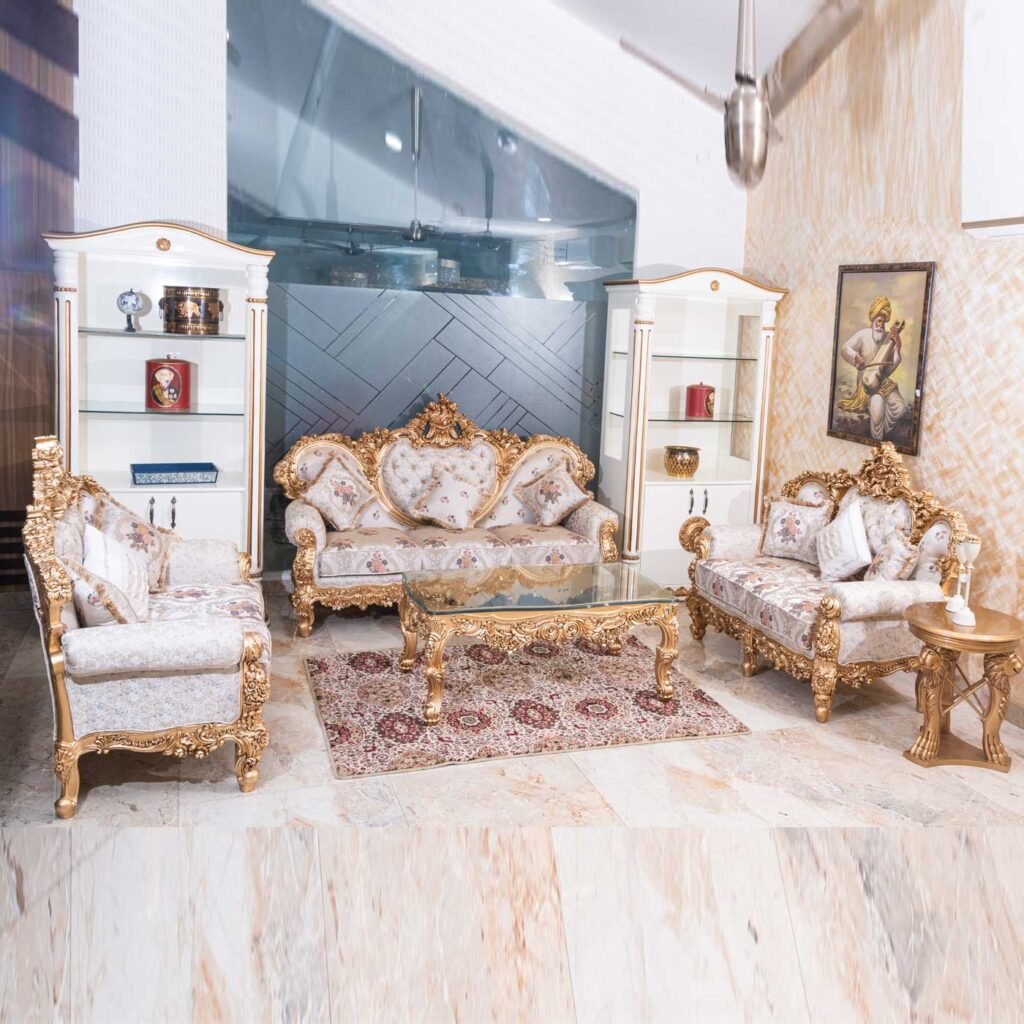 Golden pu polish solid wooden teak with carving velvet pattern fabric ...