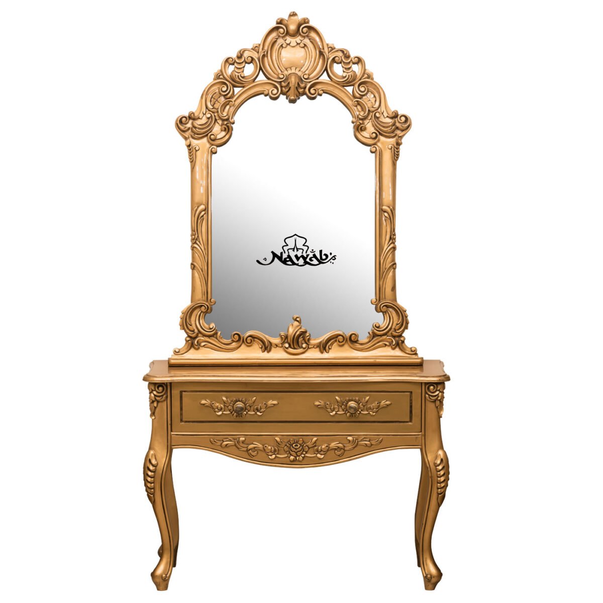 Single golden pu polish solid wooden teak with carving - Nawab Furniture