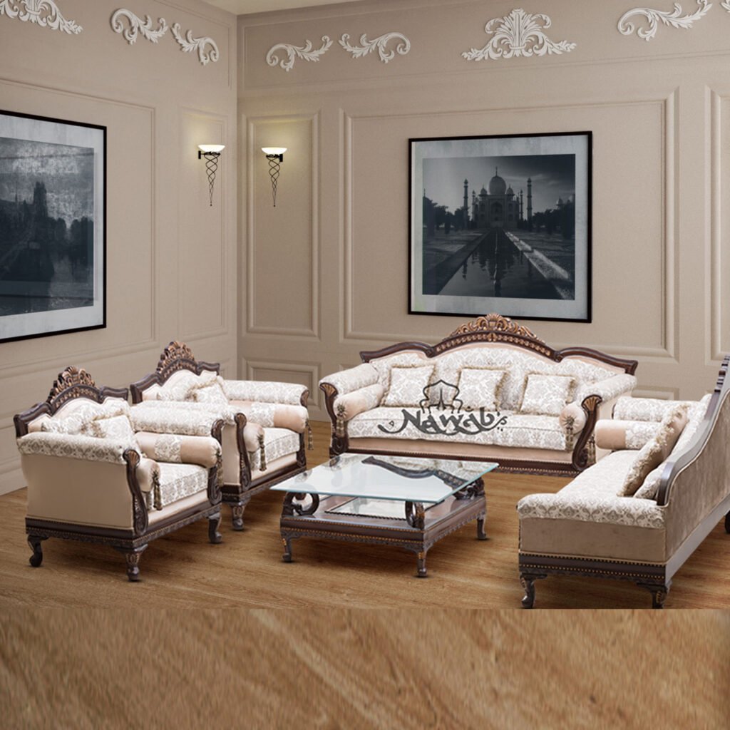 Solid teak wood customised carving walnut shaded pu polish jacquart ...