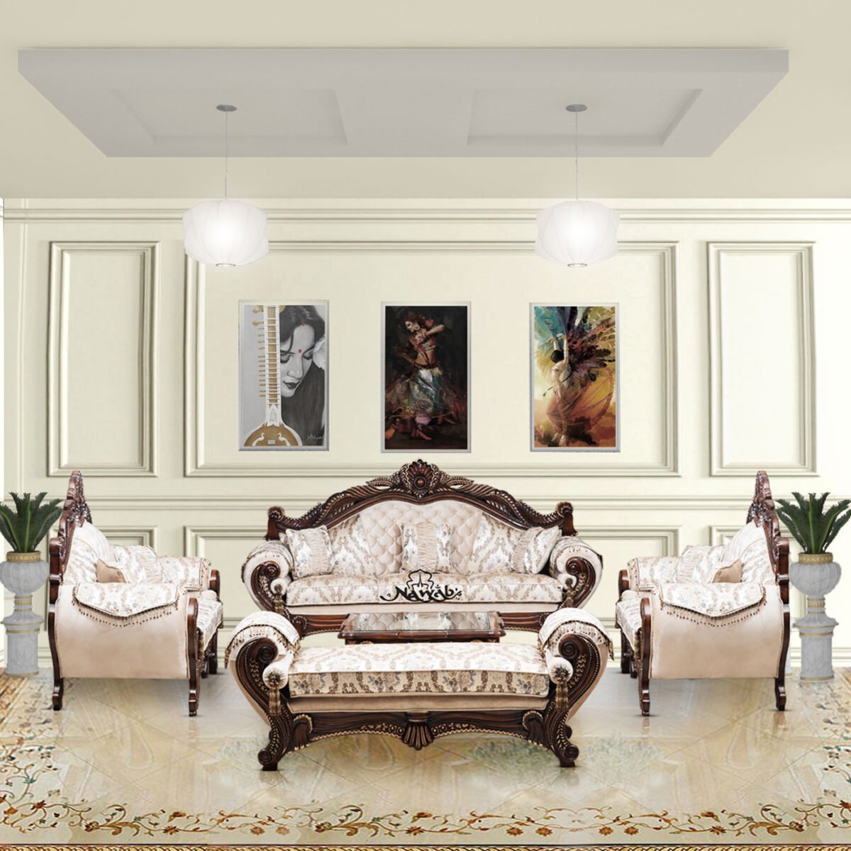 Wall nut pu polish solid wooden teak with carving velvet pattern fabric ...